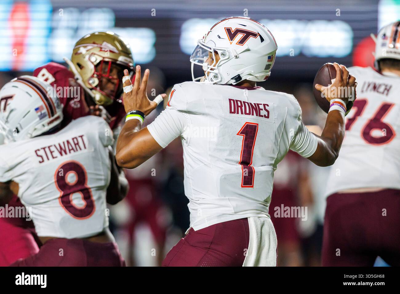 Virginia Tech quarterback Kyron Drones (1) looks to pass against ...