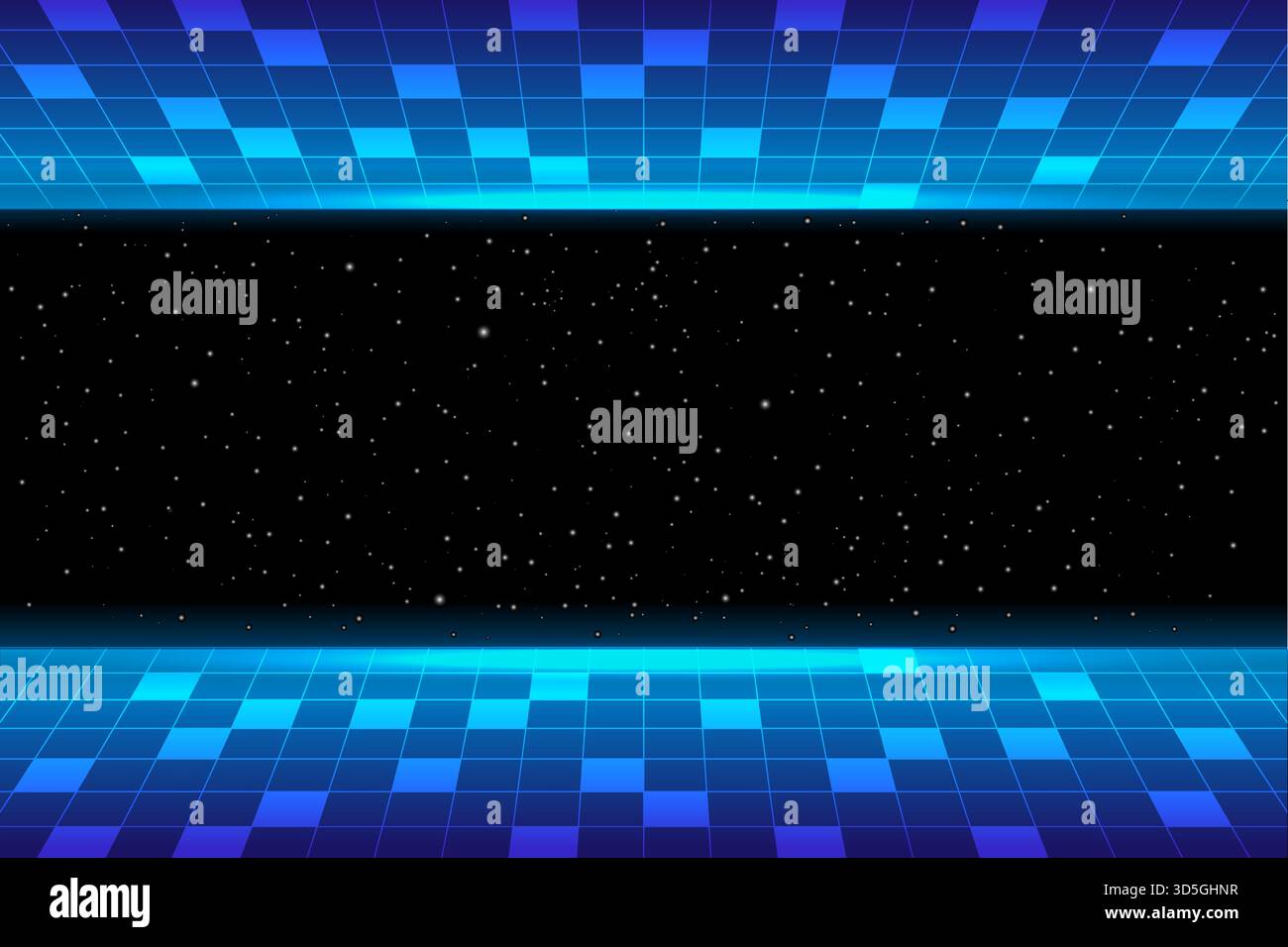 Sci-fi digital grid with glowing blue tiles and a starry space center ...