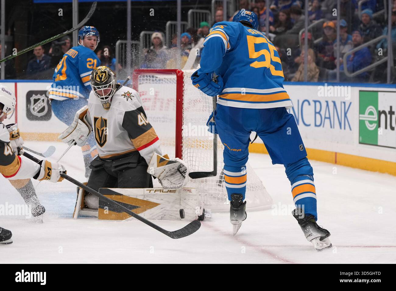 St. Louis Blues' Colton Parayko (55) is unable to score past Vegas Golden Knights goaltender ...