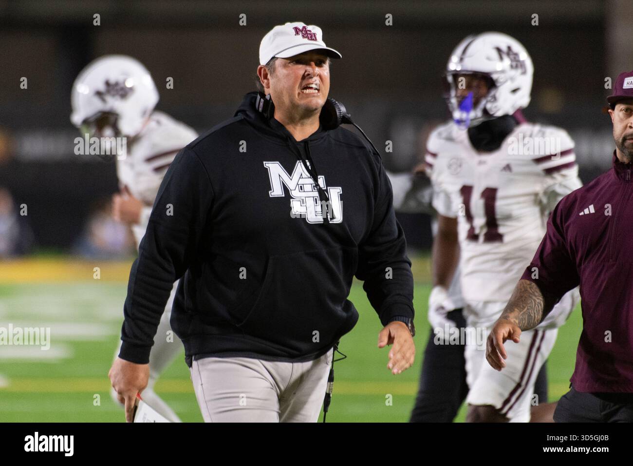 Mississippi State head coach Jeff Lebby argues a call during the first ...