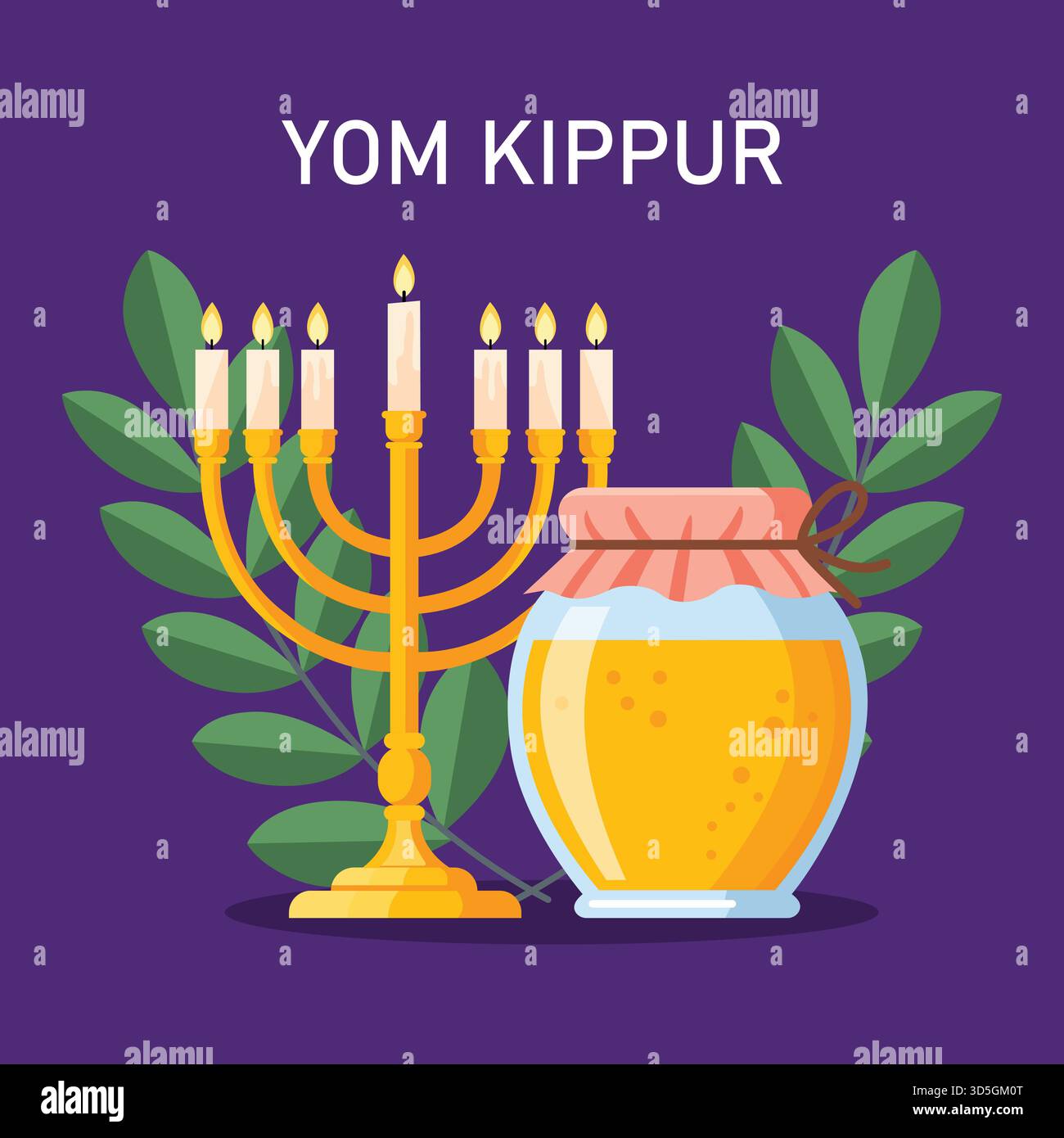 Yom kippur jewish holiday illustration with menorah, honey jar Stock ...