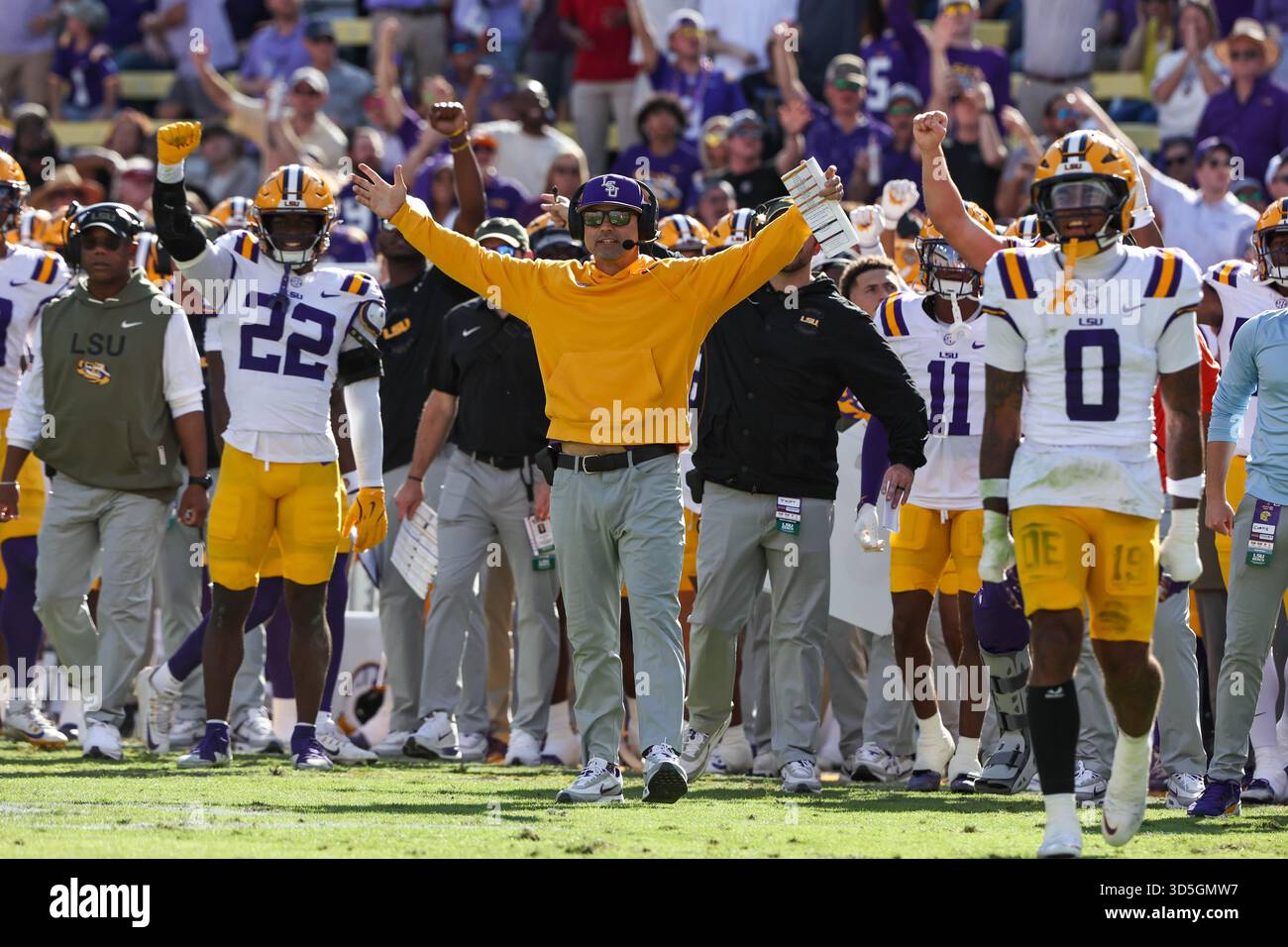 November 15, 2025: LSU defensive coordinator Blake Baker celebrates a ...