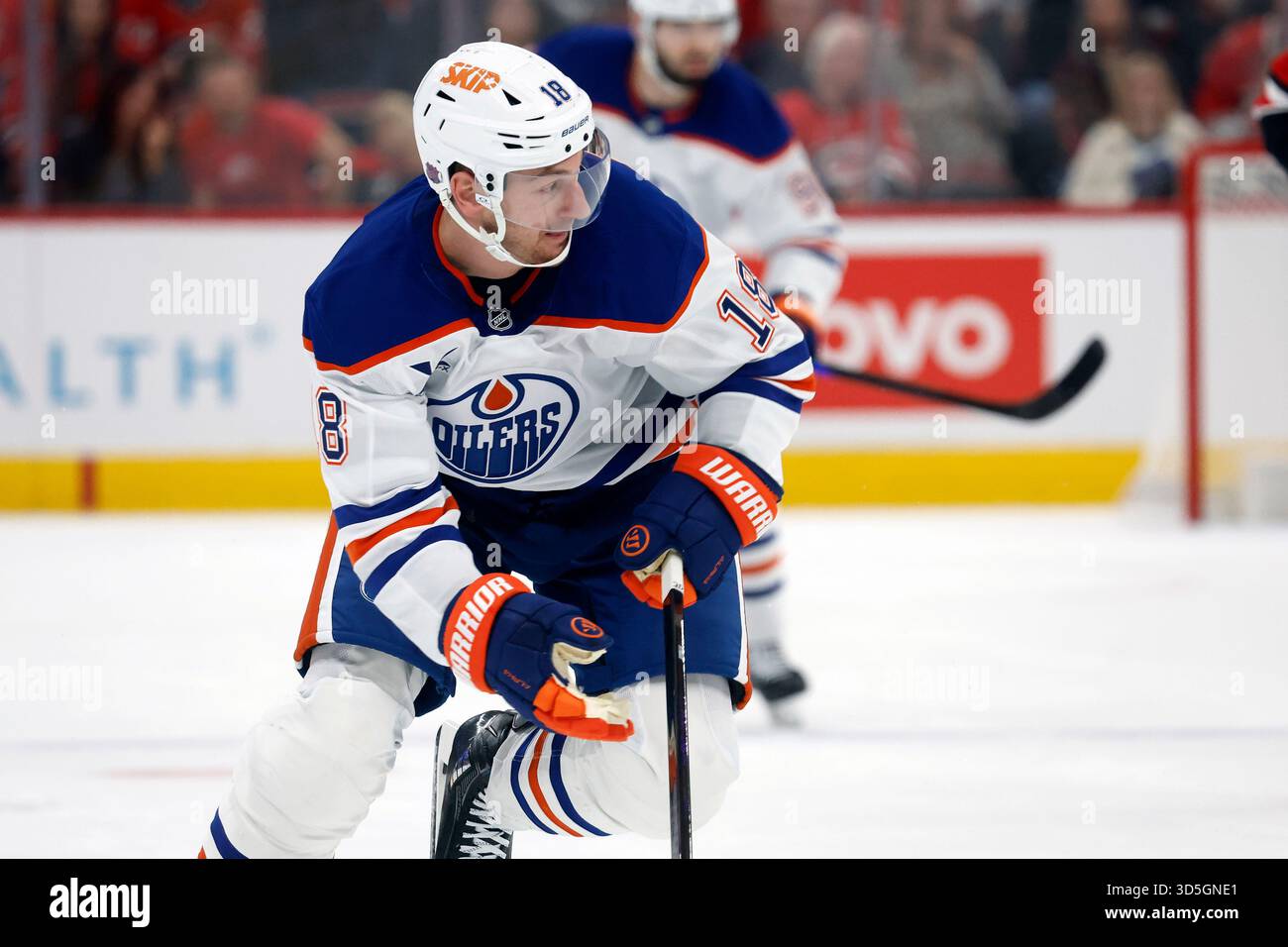 Edmonton Oilers' Zach Hyman (18) skates with the puck against the ...