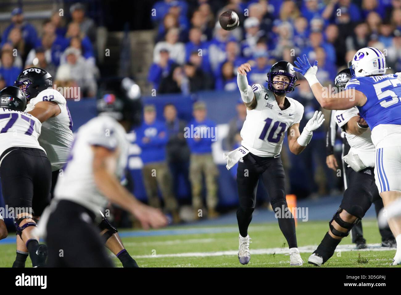 TCU quarterback Josh Hoover (10) releases a pass to TCU wide receiver ...