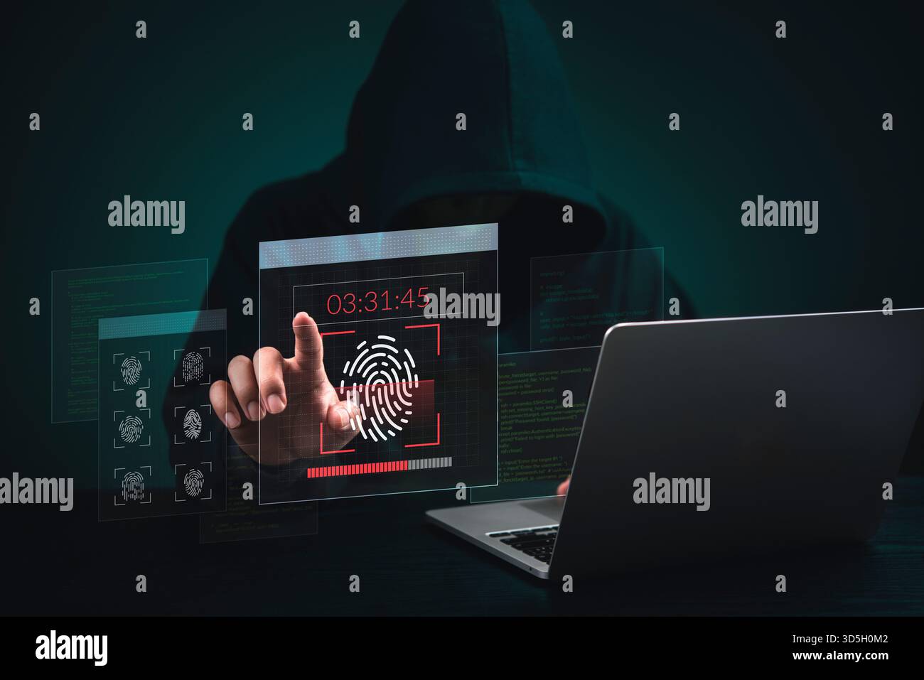 Hacking Cybercrime Security breach fingerprint recognition software scanning technology laptop ...