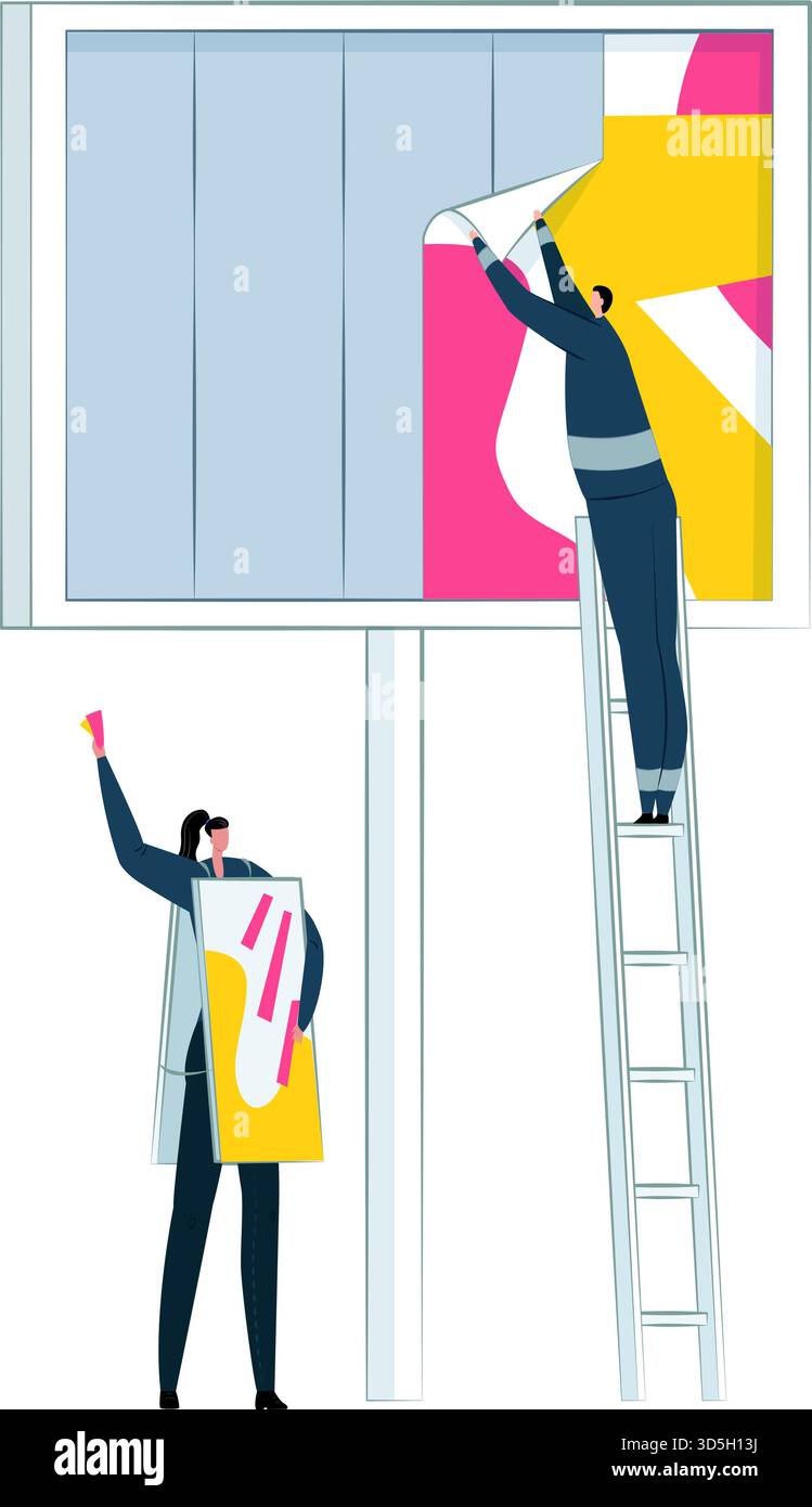 Two people working on a billboard installation together. One is on a ...