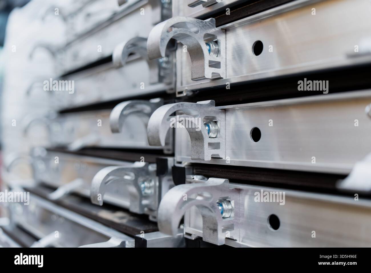 Close view of assembled scaffold platforms equipped with attachment ...