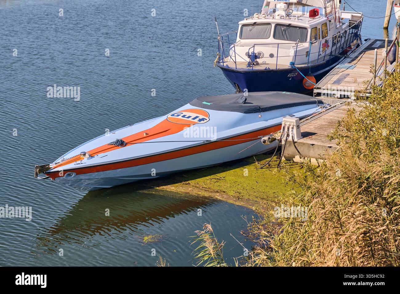 Dassow, Germany; September 27, 2025: Classic powerboat featuring Gulf ...