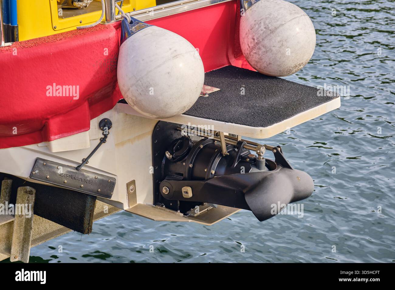 Ahus, Sweden; September 22, 2025: Rear view of SAR RIB with twin fender ...