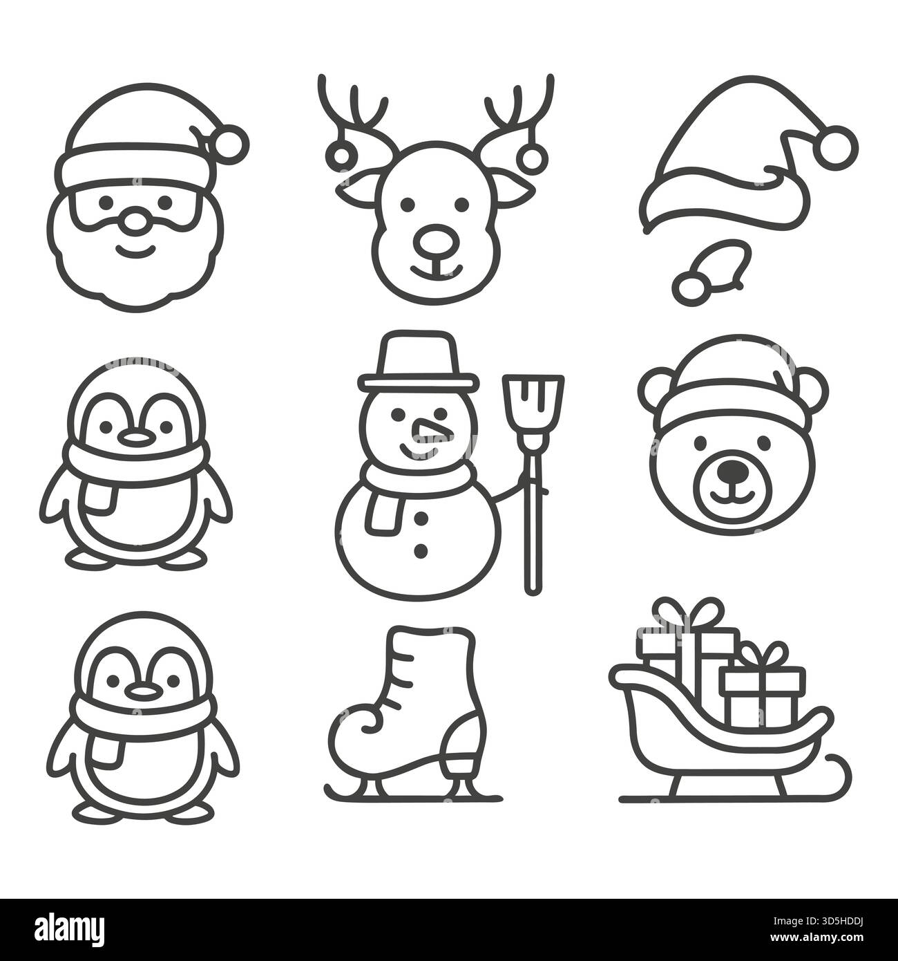 Cute Christmas character outline icon set with santa penguin snowman ...