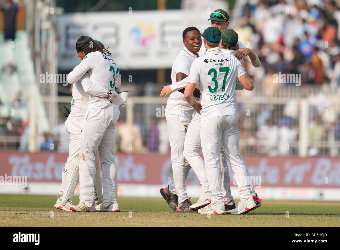 South Africa players celebrate after their win on the third day of the ...