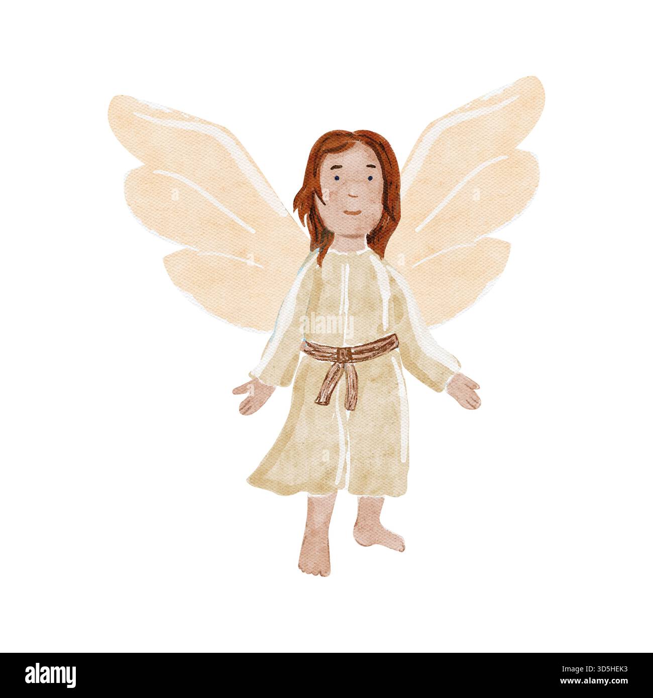 Angel with wings in a beige robe. Watercolor illustration isolated on ...