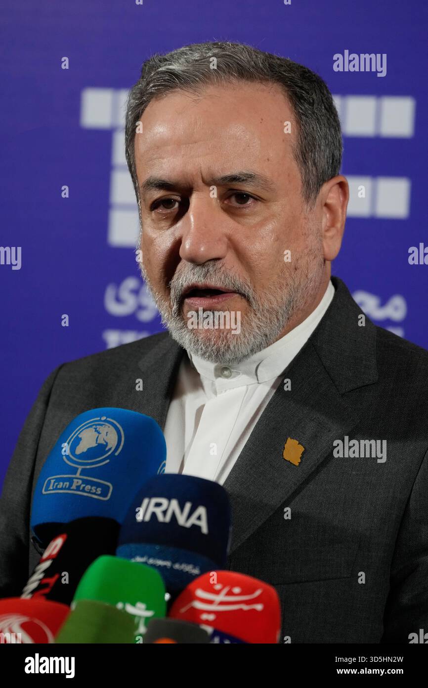 Iranian Foreign Minister Abbas Araghchi speaks in a new briefing after ...