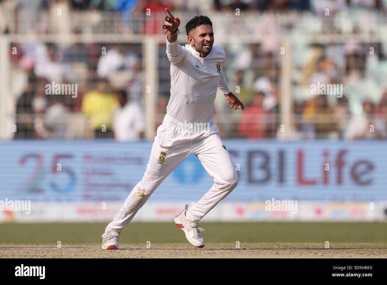 Keshav Maharaj of South Africa celebrates during the IDFC First Bank ...