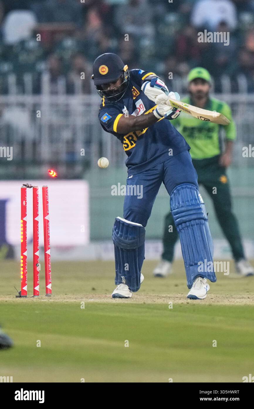 Sri Lanka's Janith Liyanage is bowled out by Pakistan's Faheem Ashraf ...