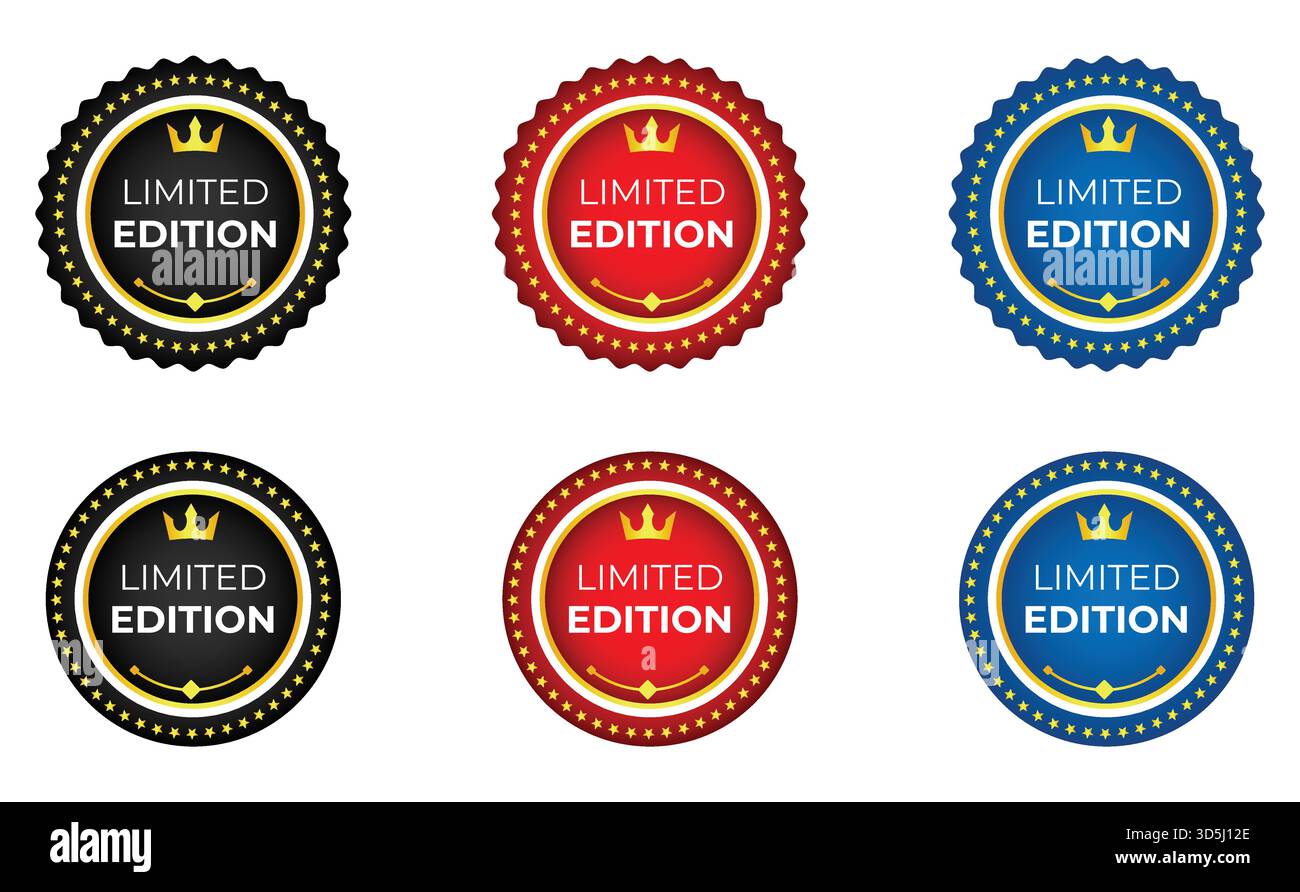 Set of Limited Edition circular stamps with crown, vector black red and ...