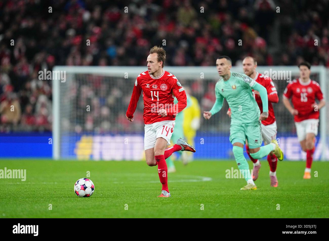 November 15 2025: Mikkel Damsgaard of Denmark controls the ball during ...