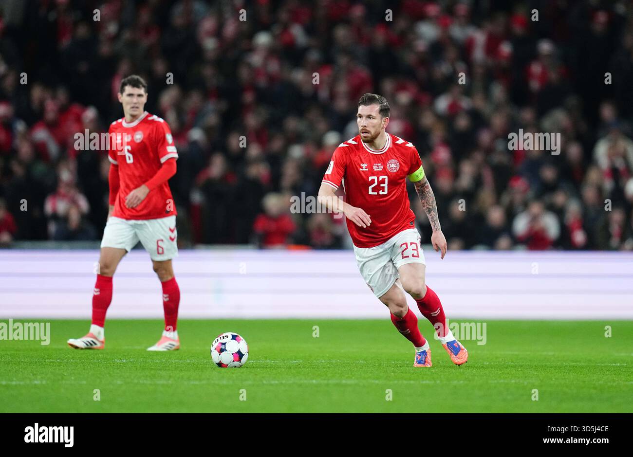 November 15 2025: Pierre-Emile HÃ¸jbjerg of Denmark controls the ball ...