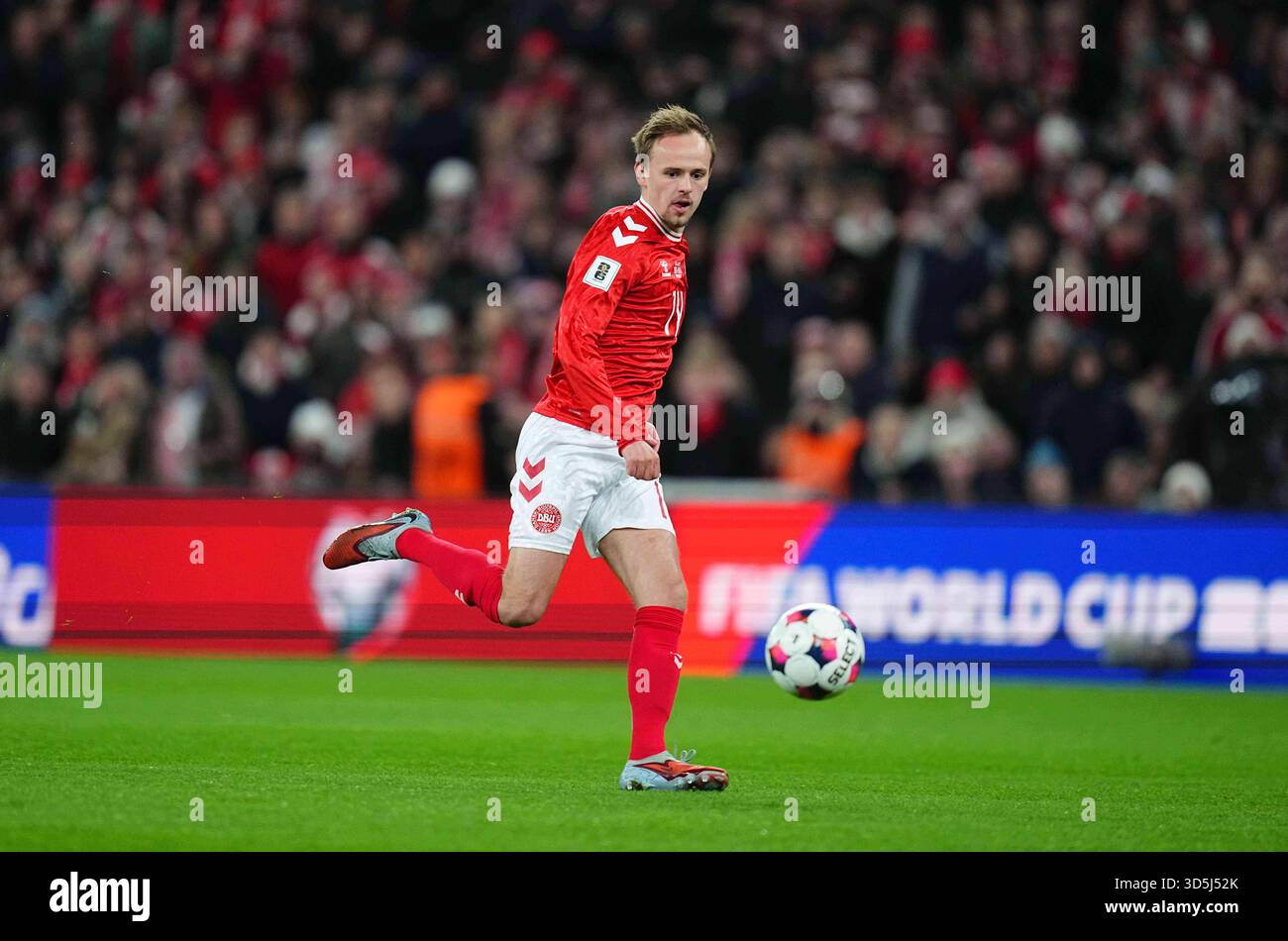 November 15 2025: Mikkel Damsgaard of Denmark controls the ball during ...
