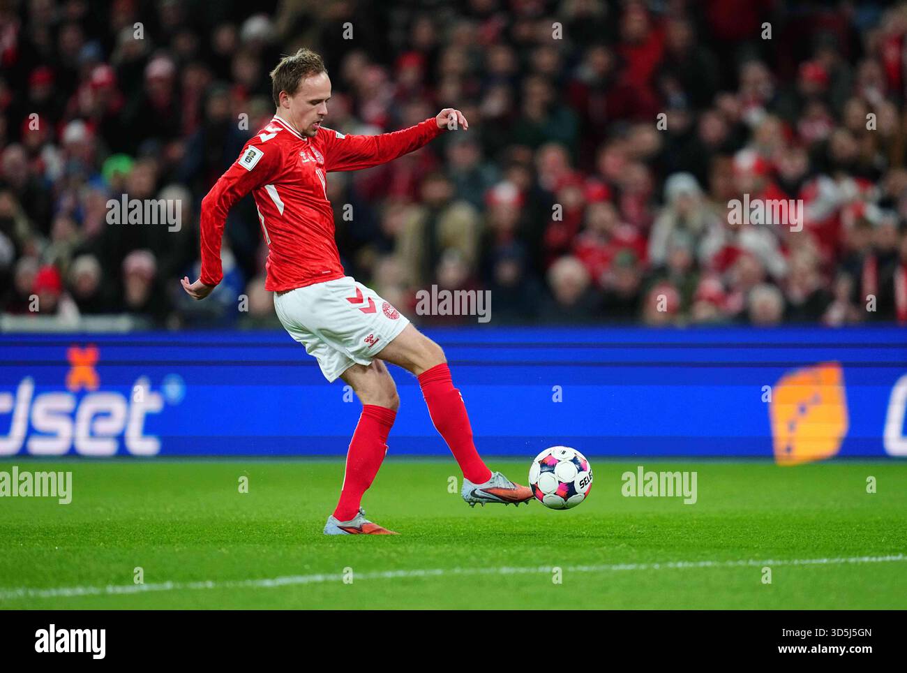 November 15 2025: Mikkel Damsgaard of Denmark controls the ball during ...