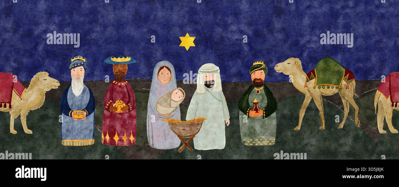Baby Jesus, Mary, Joseph, three wise men, and camels under the star of ...