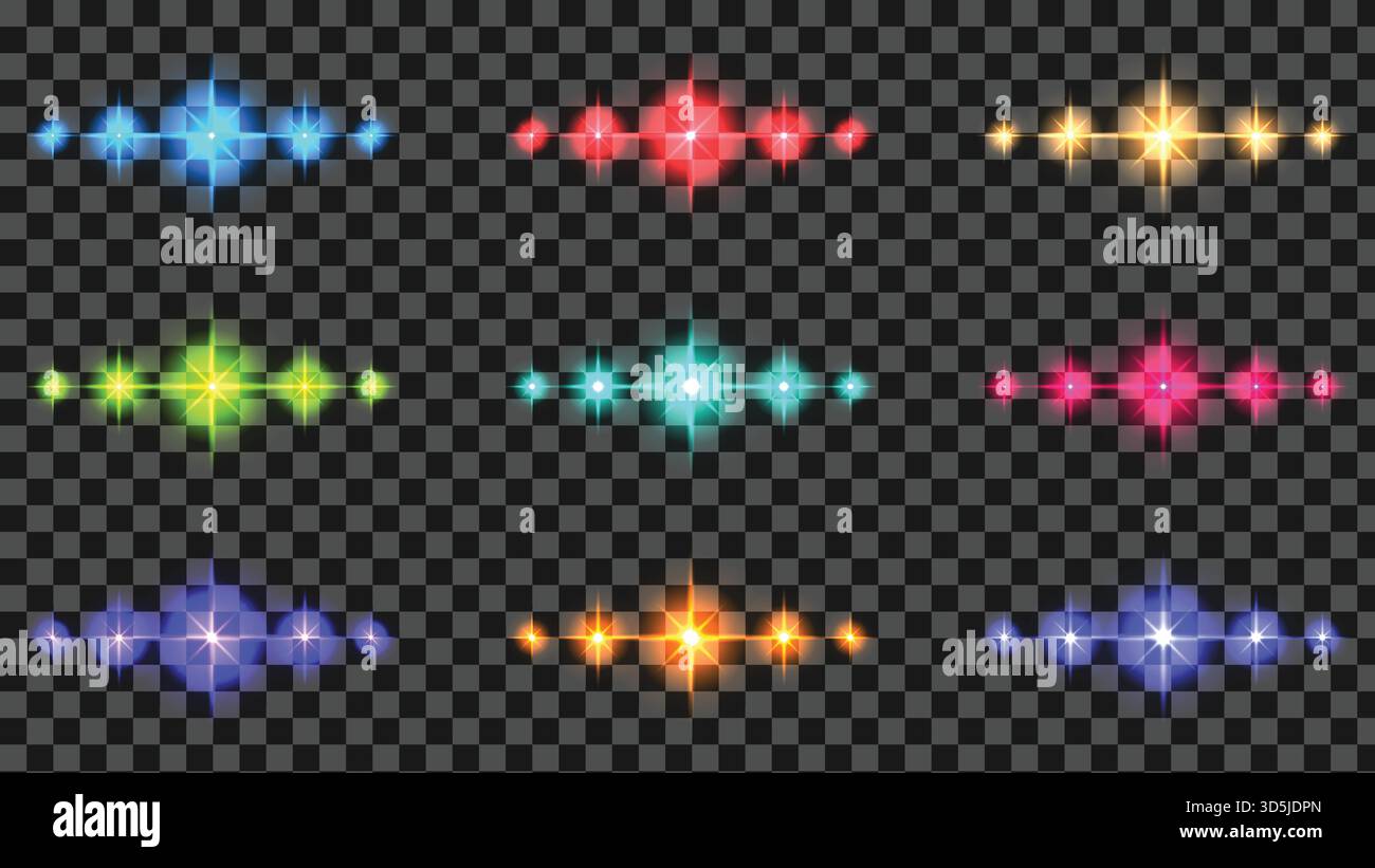 Set of colorful horizontal light flares and glowing stars, vector neon ...