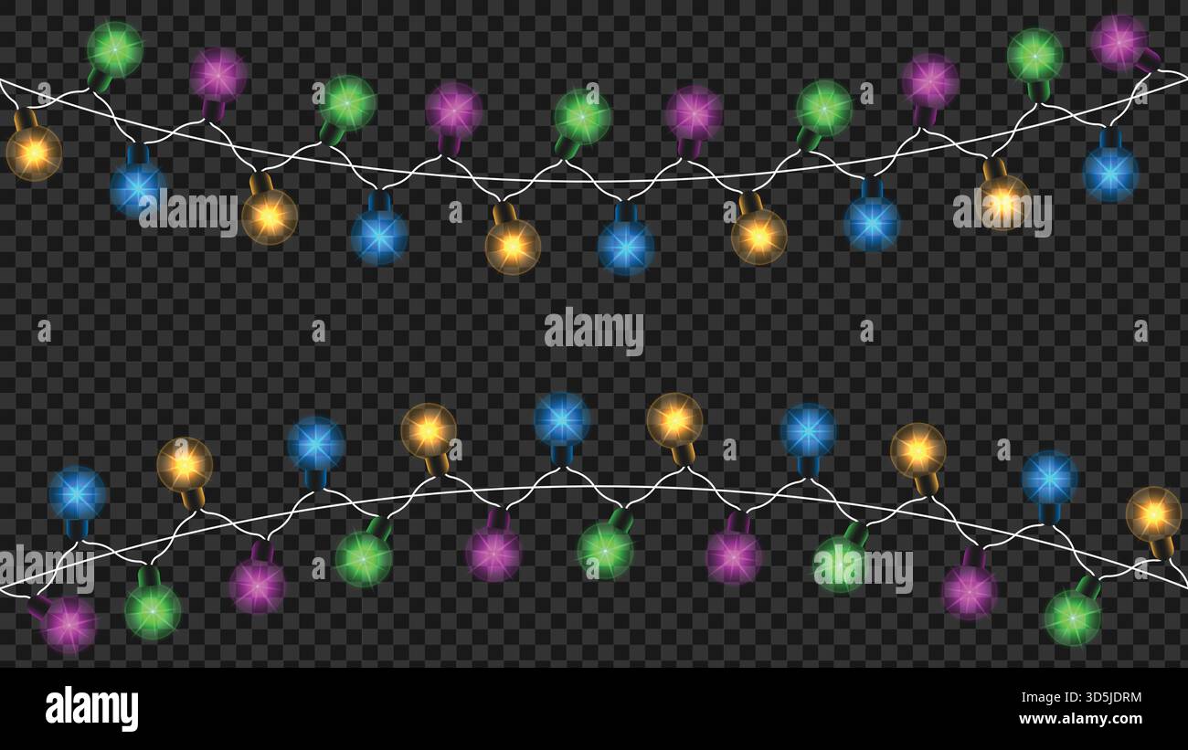 Colorful holiday string lights garland on transparent background ...