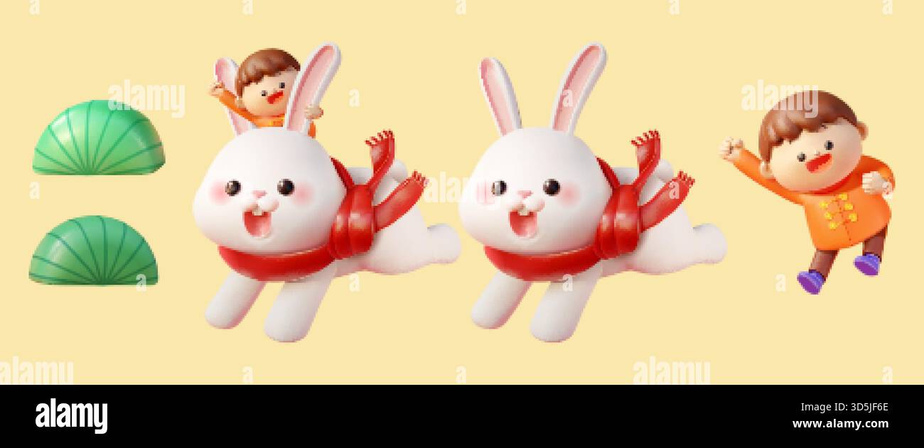 3D cartoon elements of a boy grasping one hand on the ear of the ...