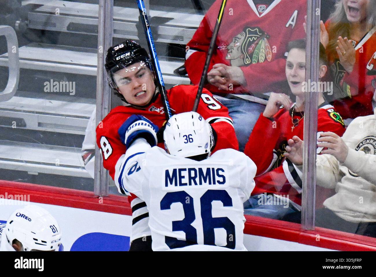 Chicago Blackhawks center Connor Bedard (98) and Toronto Maple Leafs ...