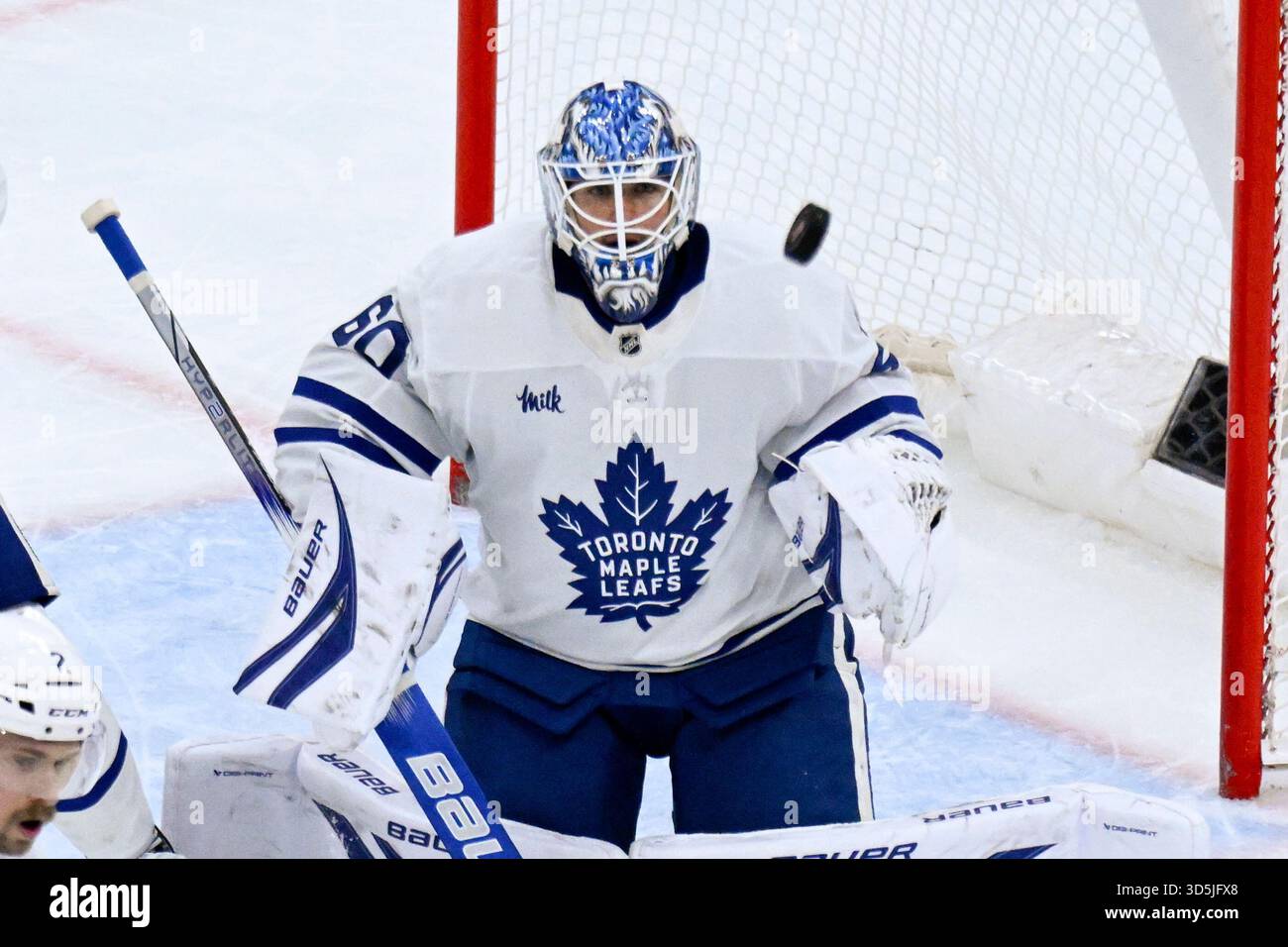 Toronto Maple Leafs goaltender Joseph Woll watches the puck during the ...