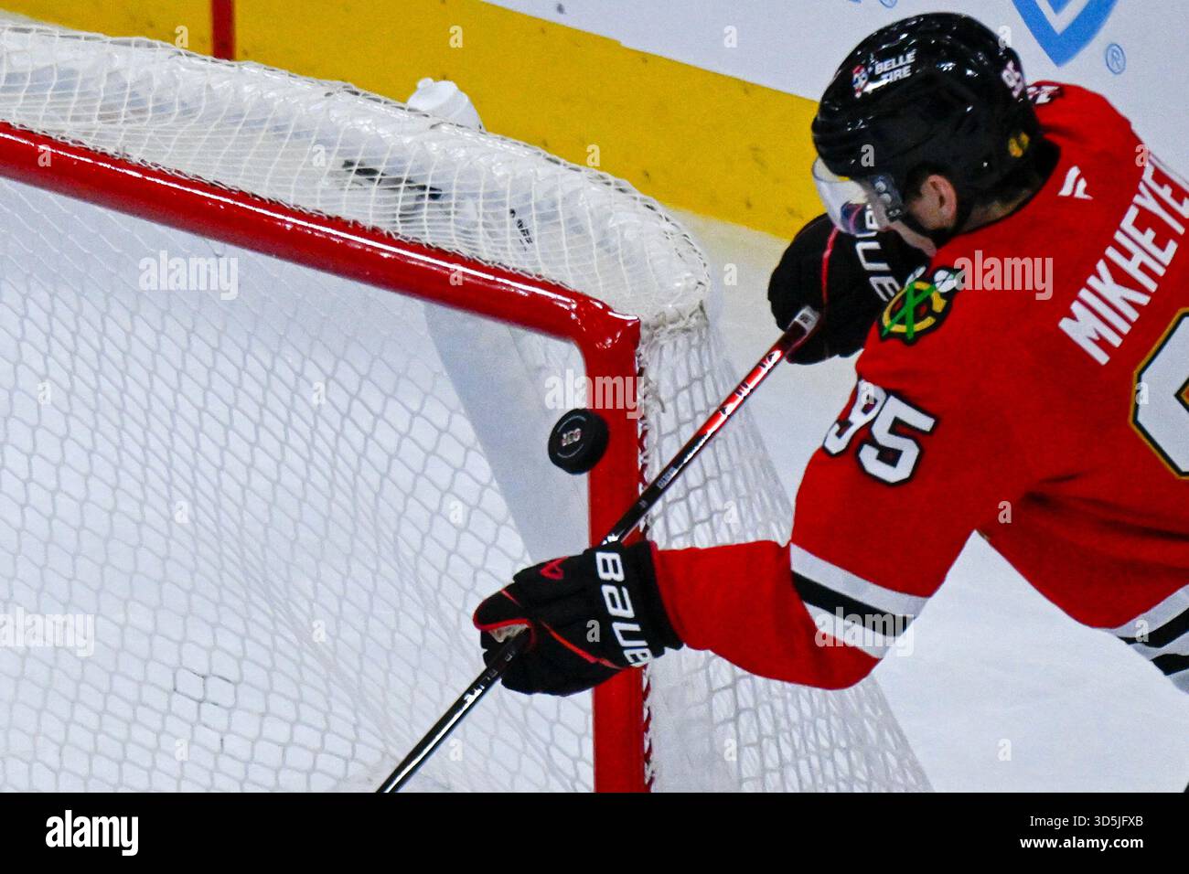 Chicago Blackhawks right wing Ilya Mikheyev nearly scores during the second period of an NHL ...