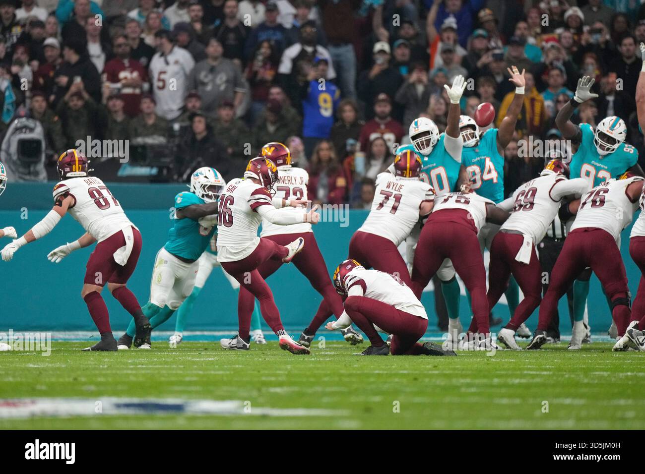 Washington Commanders place kicker Matt Gay (16) kicks a field goal ...