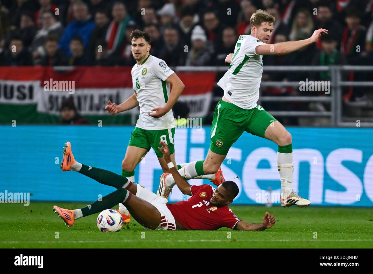 Ireland's Nathan Collins is tackled by Hungary's Loic Nego during the ...