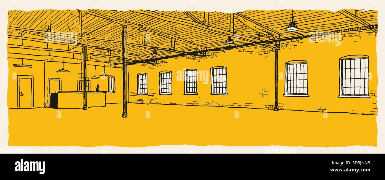 A yellow and white drawing of a large room with a lot of windows. The ...