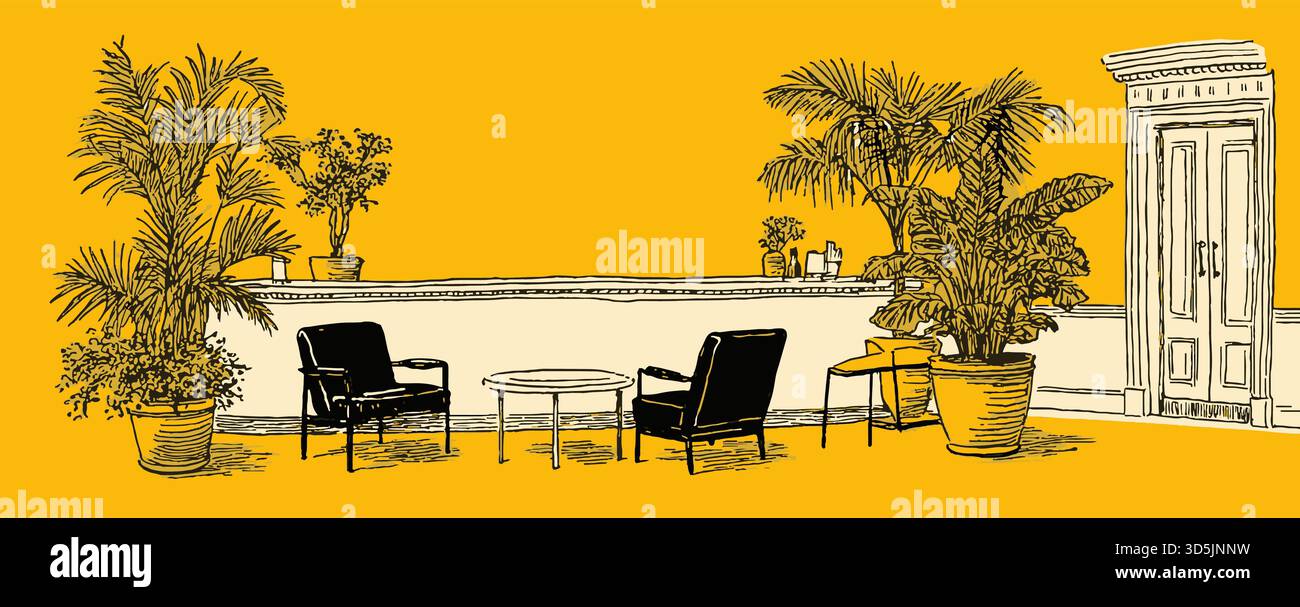 A yellow background with a drawing of a patio with two chairs and a ...