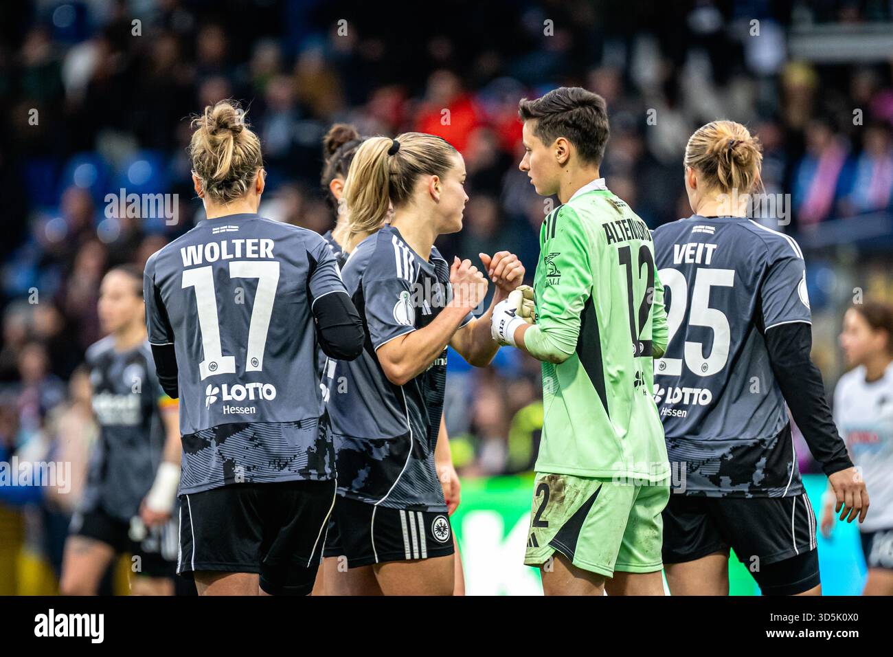 Nadine Riesen (22; Eintracht Frankfurt) greets teammates before the ...