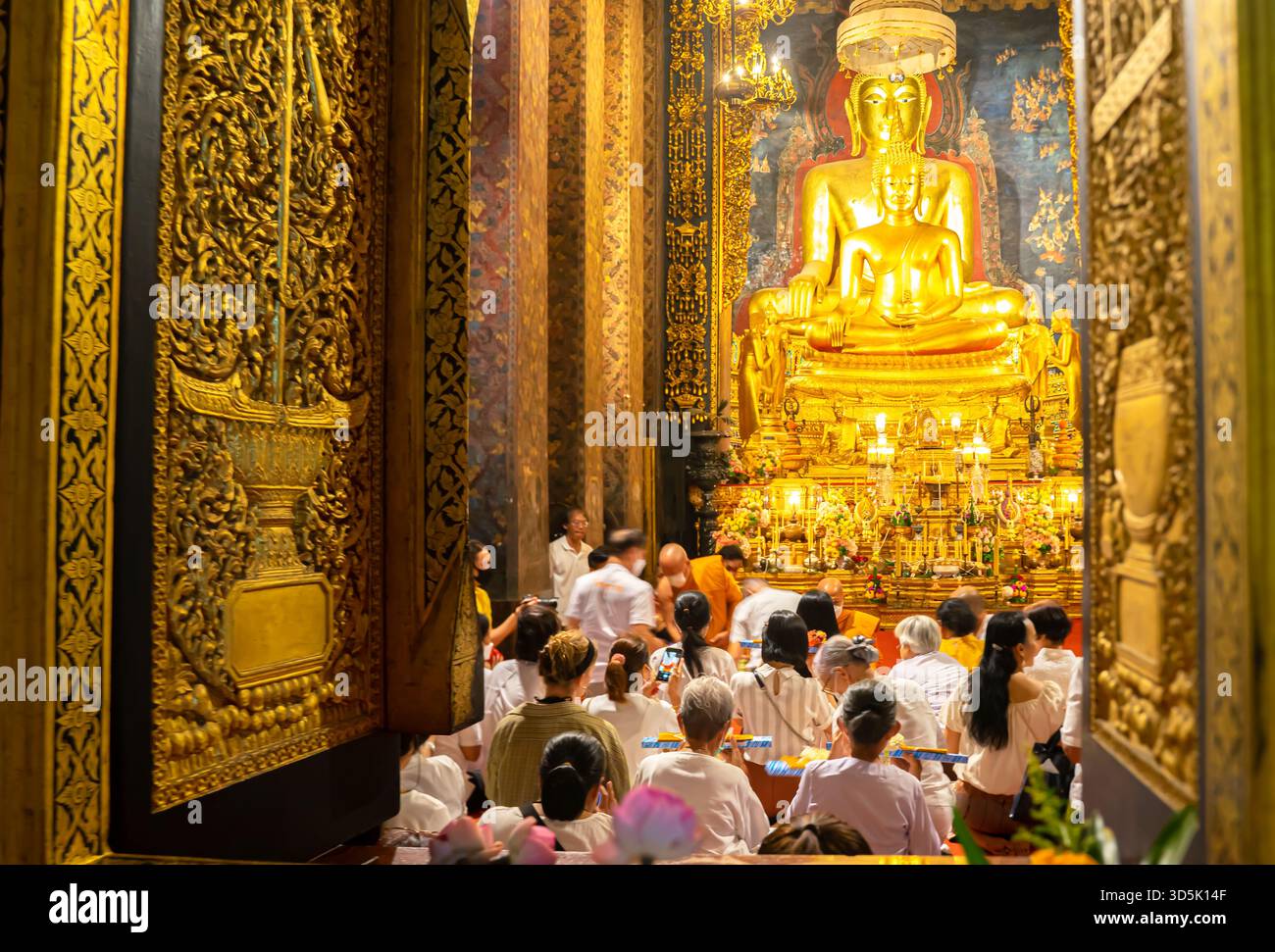 Visakha Bucha Day, religious ceremony inside the ordination hall of Wat ...