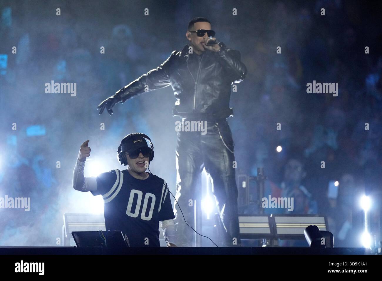 Bizarrap and Daddy Yankee, right, perform during the halftime show of ...