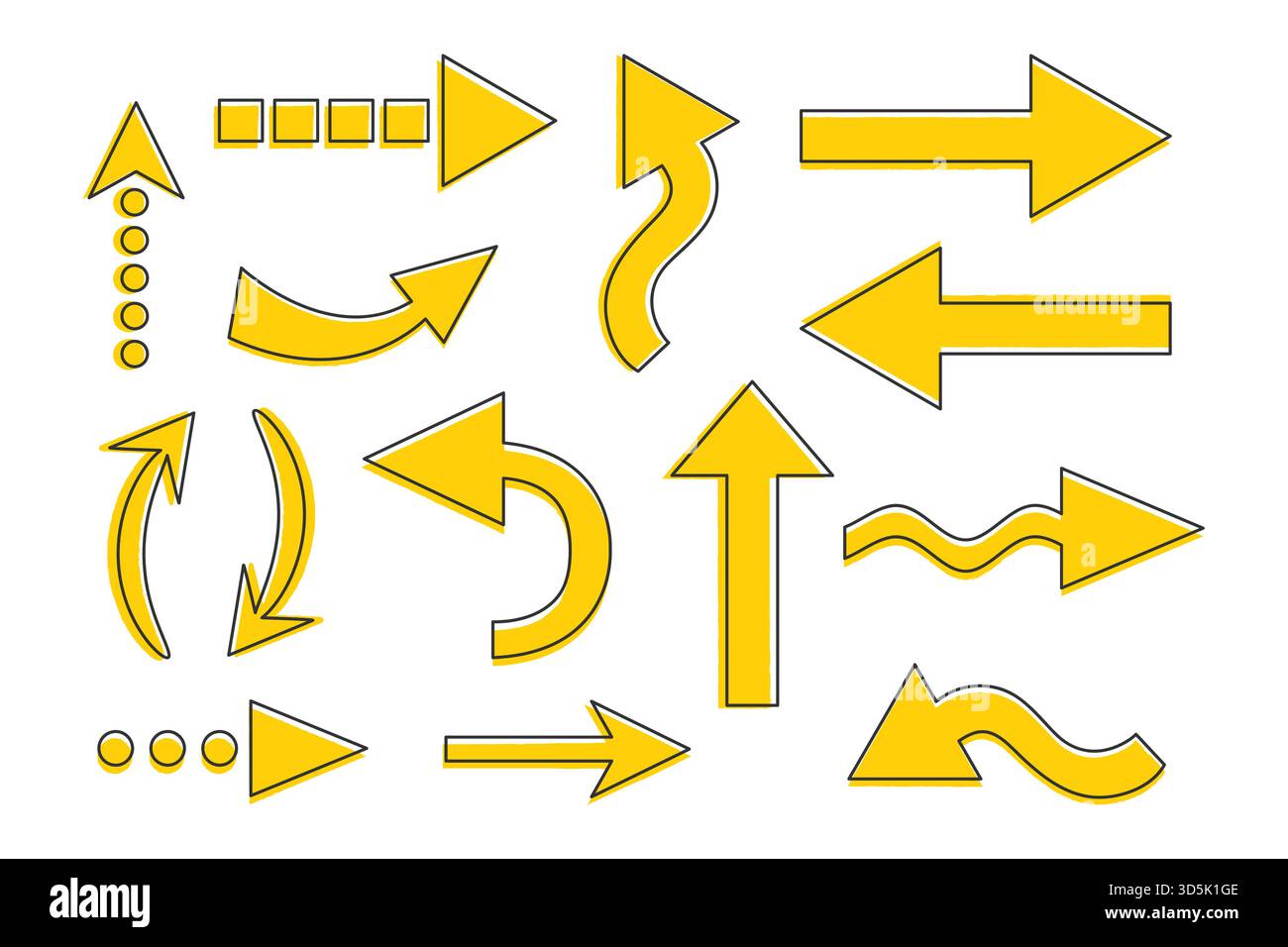 Collection of yellow arrows with a torn edge and outline. Arrows with ...