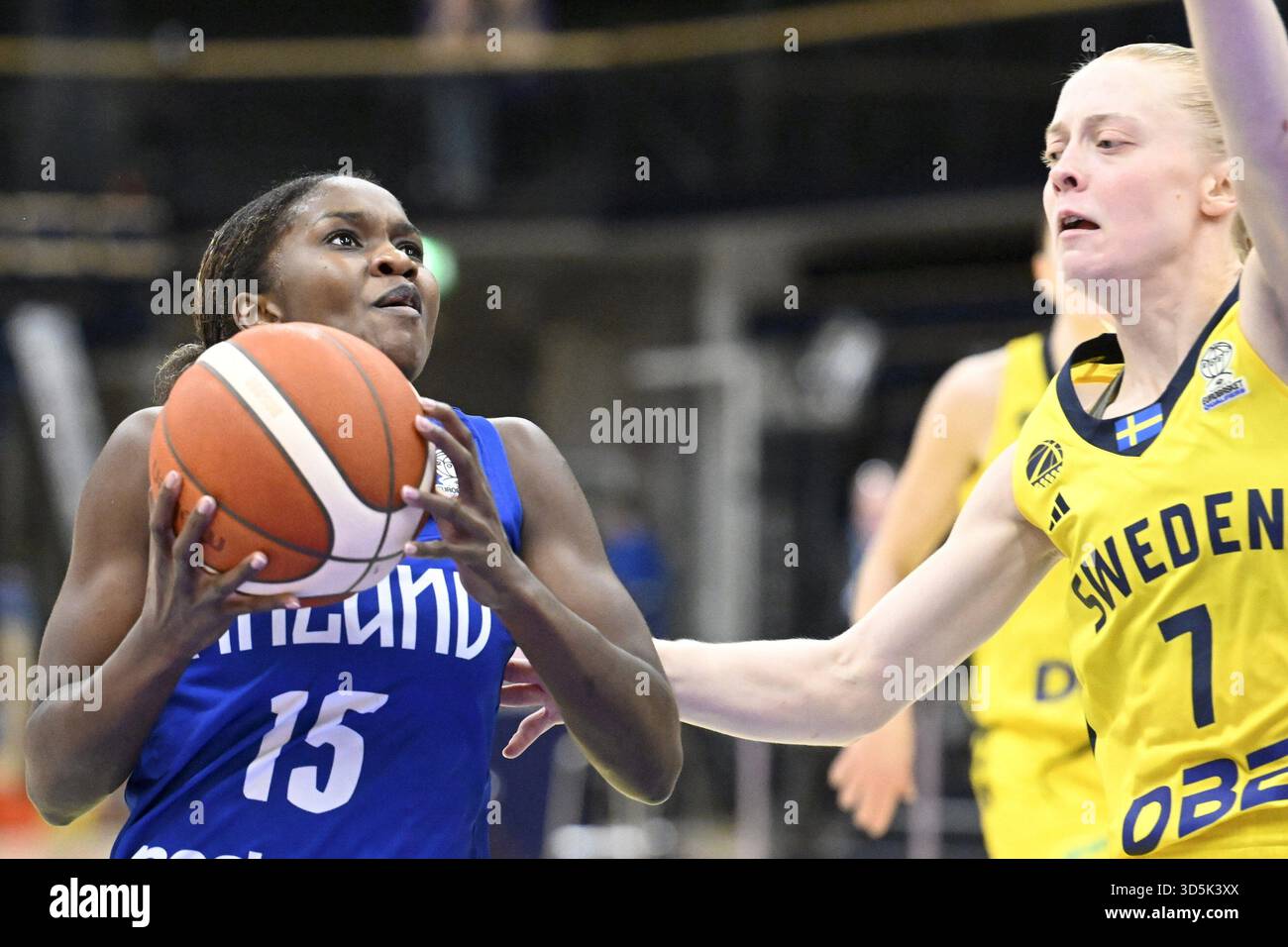 Finland's Magdalene Agyei (L) and Sweden's Klara Holm during the FIBA ...