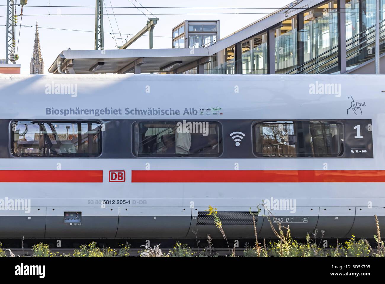 ICE im Hauptbahnhof Ulm. Der Hochgeschwindigkeitszug ist getauft auf ...
