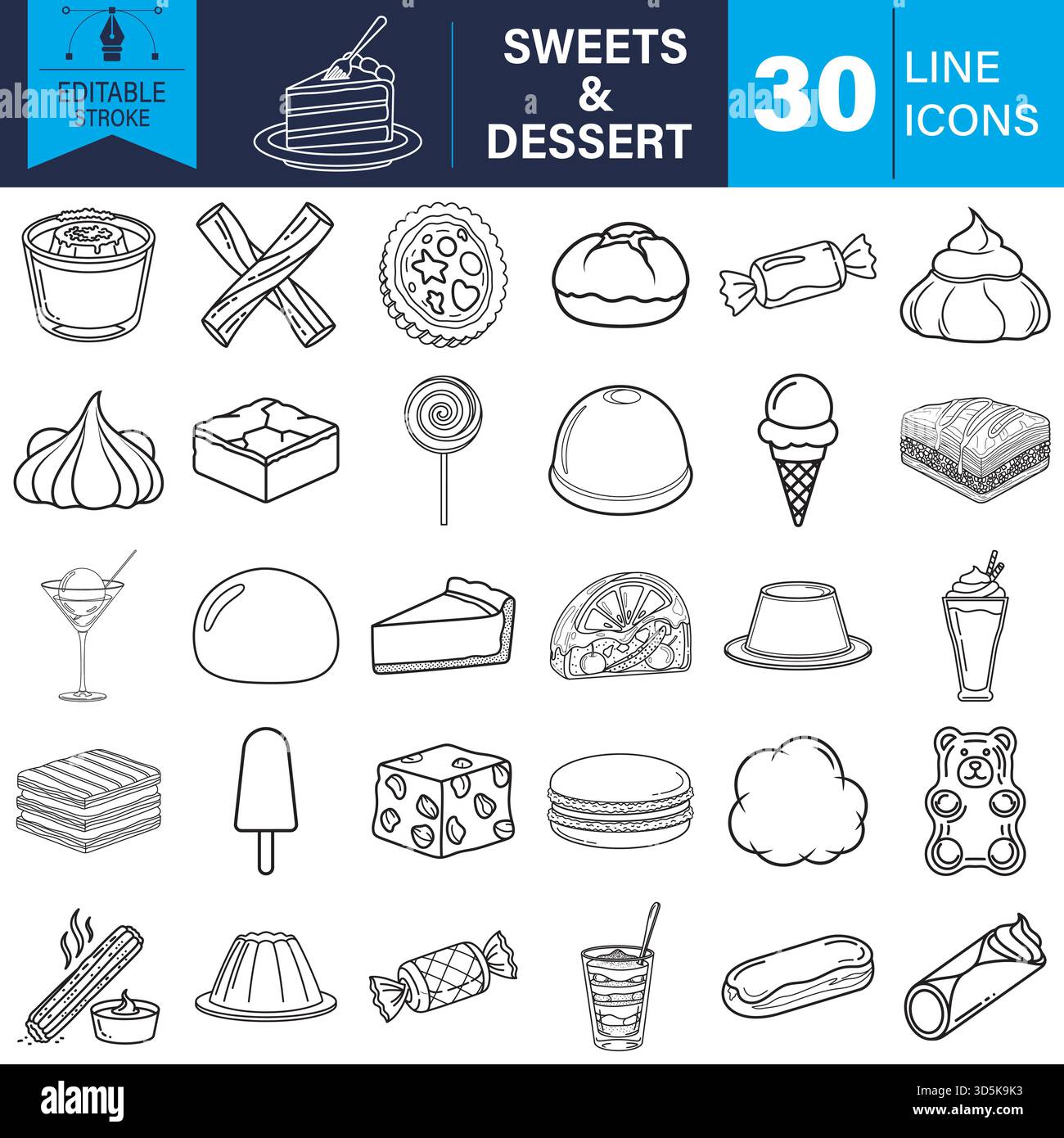Editable stroke line art icons of sweets and desserts for menus. Vector ...
