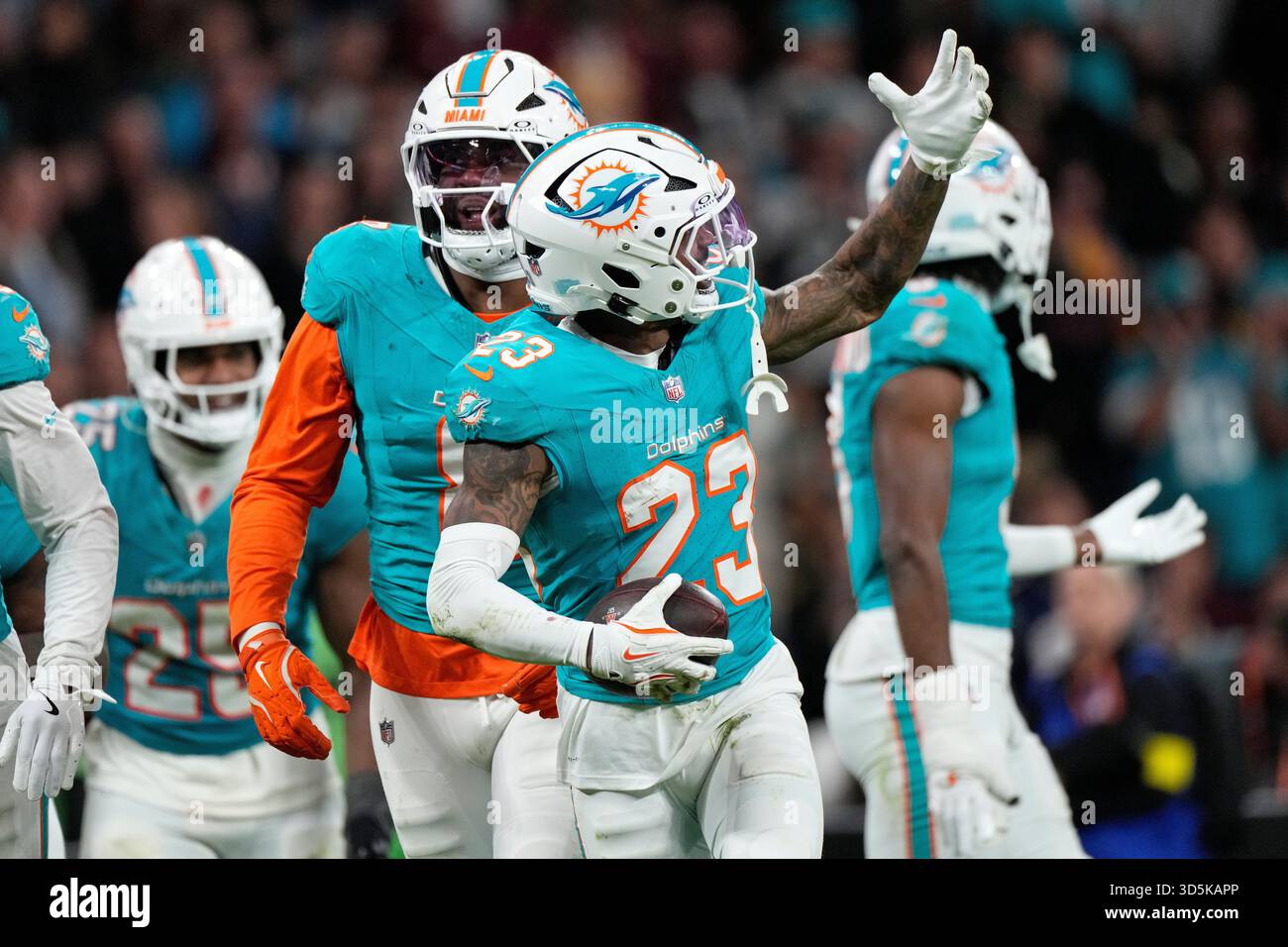 Miami Dolphins cornerback Jack Jones (23) celebrates after making an ...