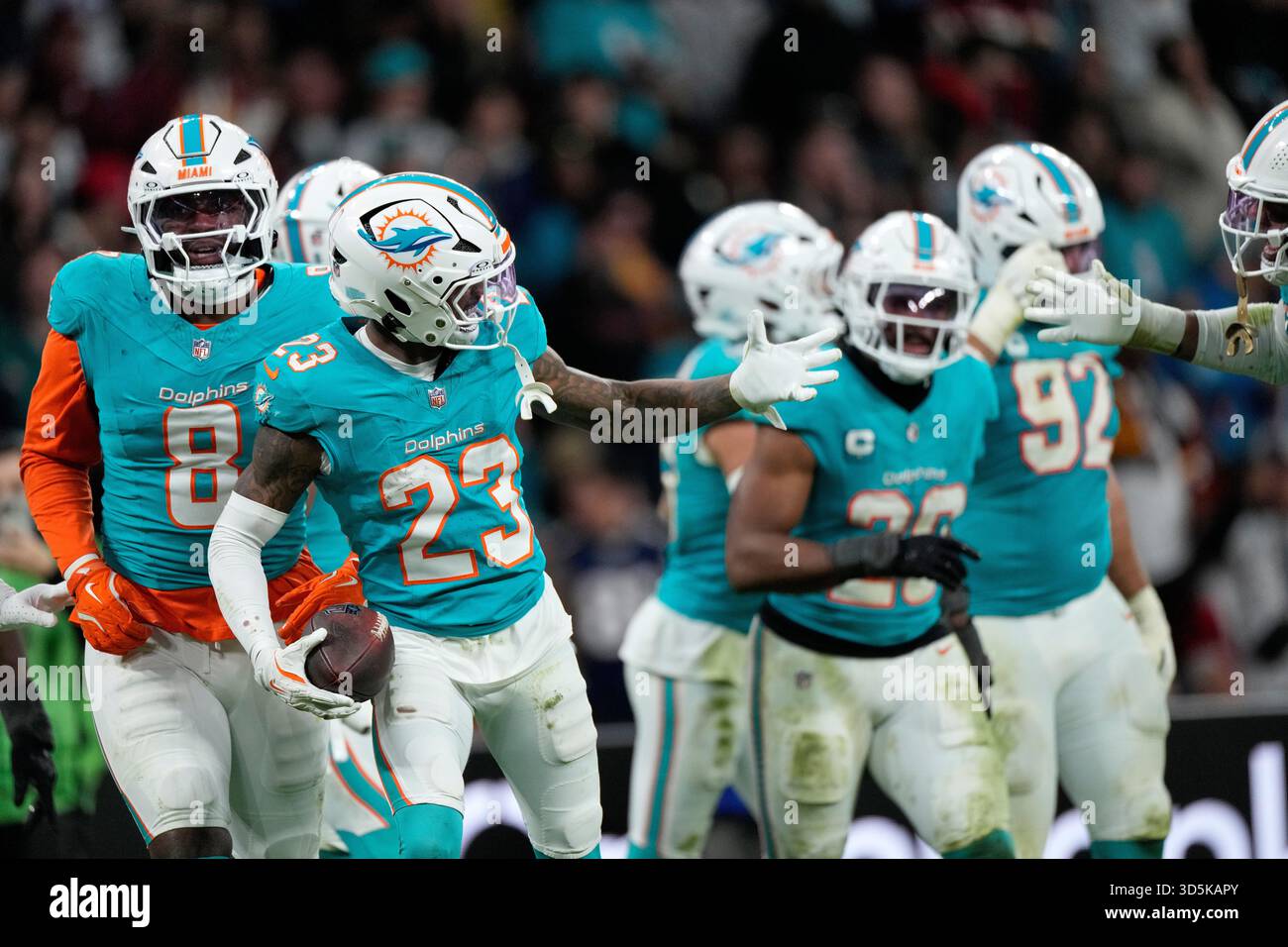Miami Dolphins cornerback Jack Jones (23) celebrates after making an ...