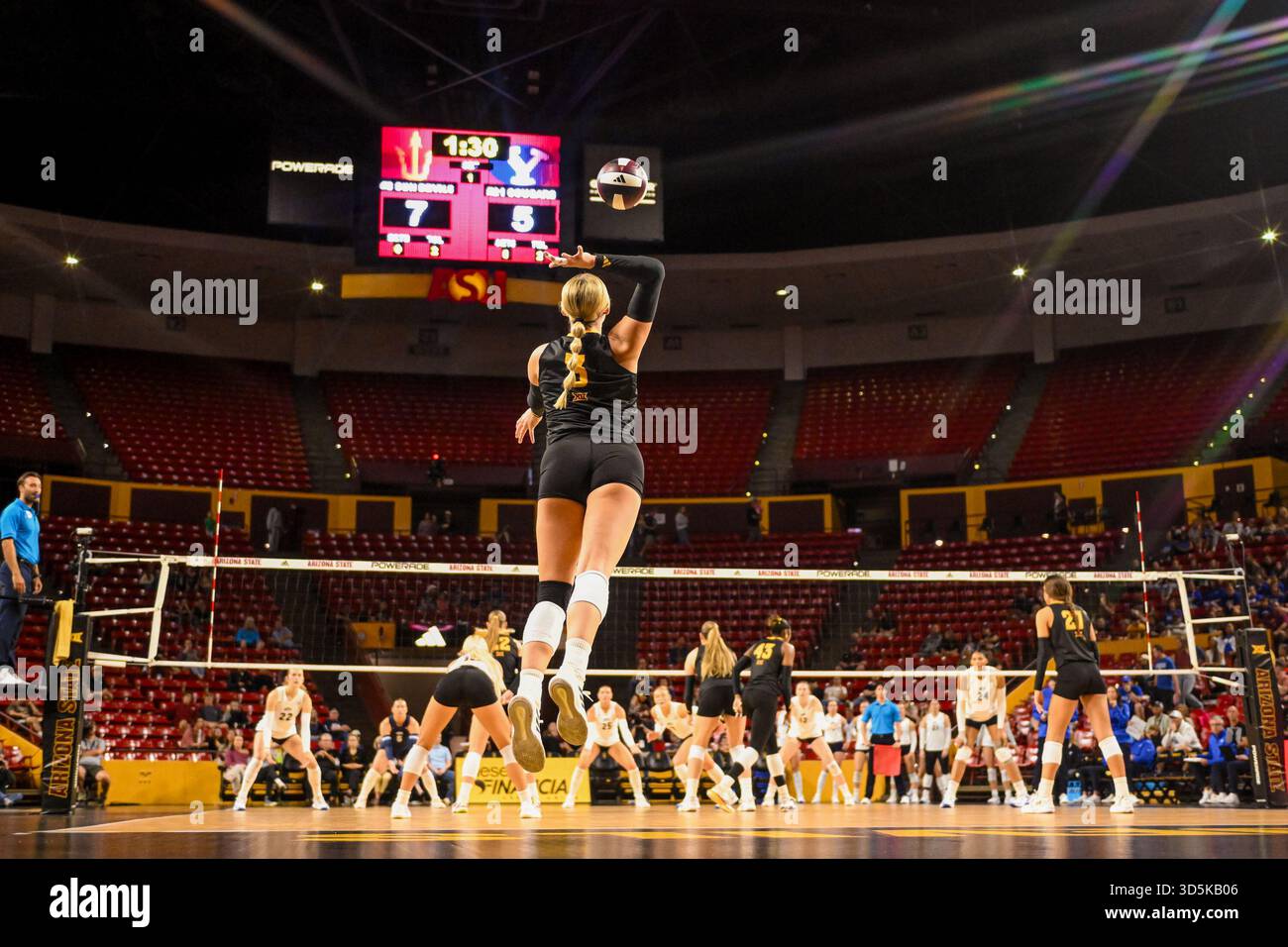 Arizona State Sun Devils outside hitter Tatum Parrott (3) serves the ...