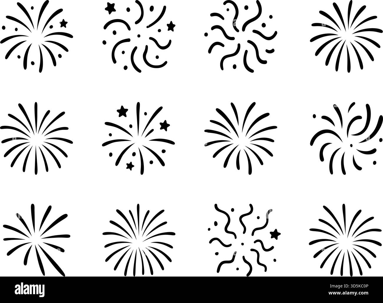 Collection of twelve black fireworks. Burst icons in various abstract ...