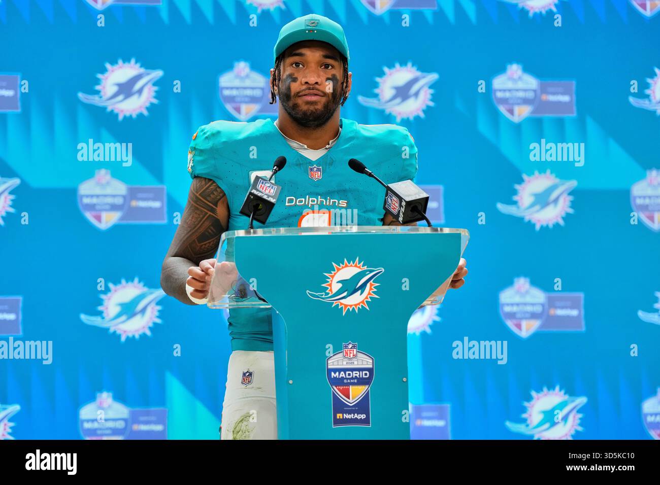 Miami Dolphins quarterback Tua Tagovailoa (1) attends a press ...