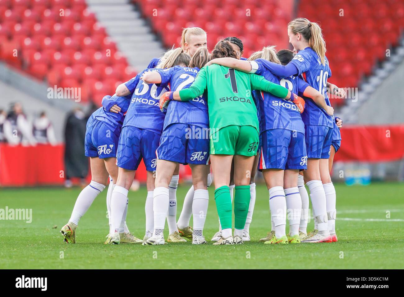 ST HELENS, ENGLAND - November 16: Chelsea team huddle to start the ...