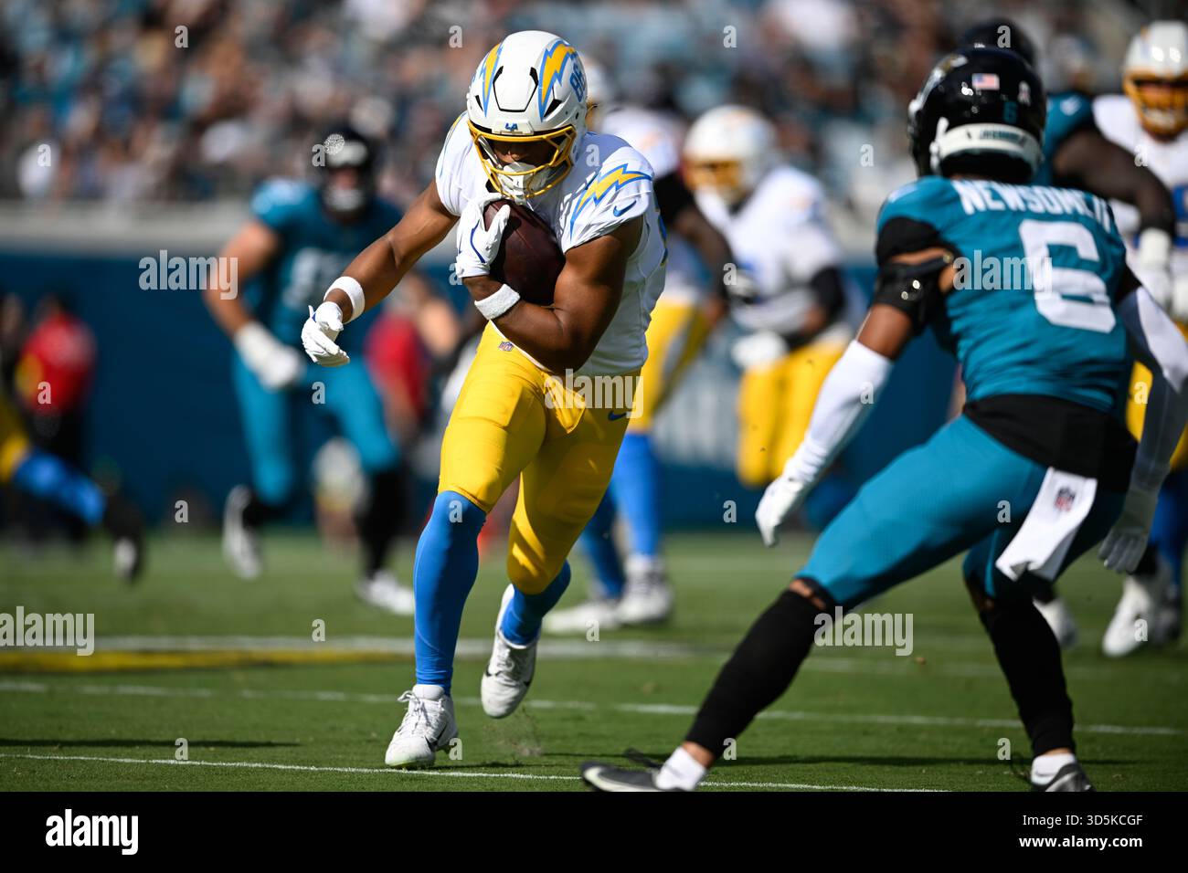 Los Angeles Chargers tight end Oronde Gadsden II runs during the first ...