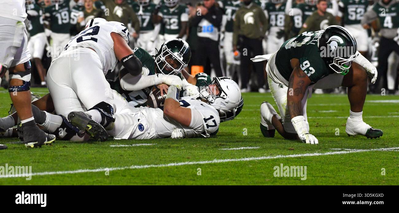 November 15, 2025: MSU defenders get a sack on PSU QB Ethan Grunkemeyer ...